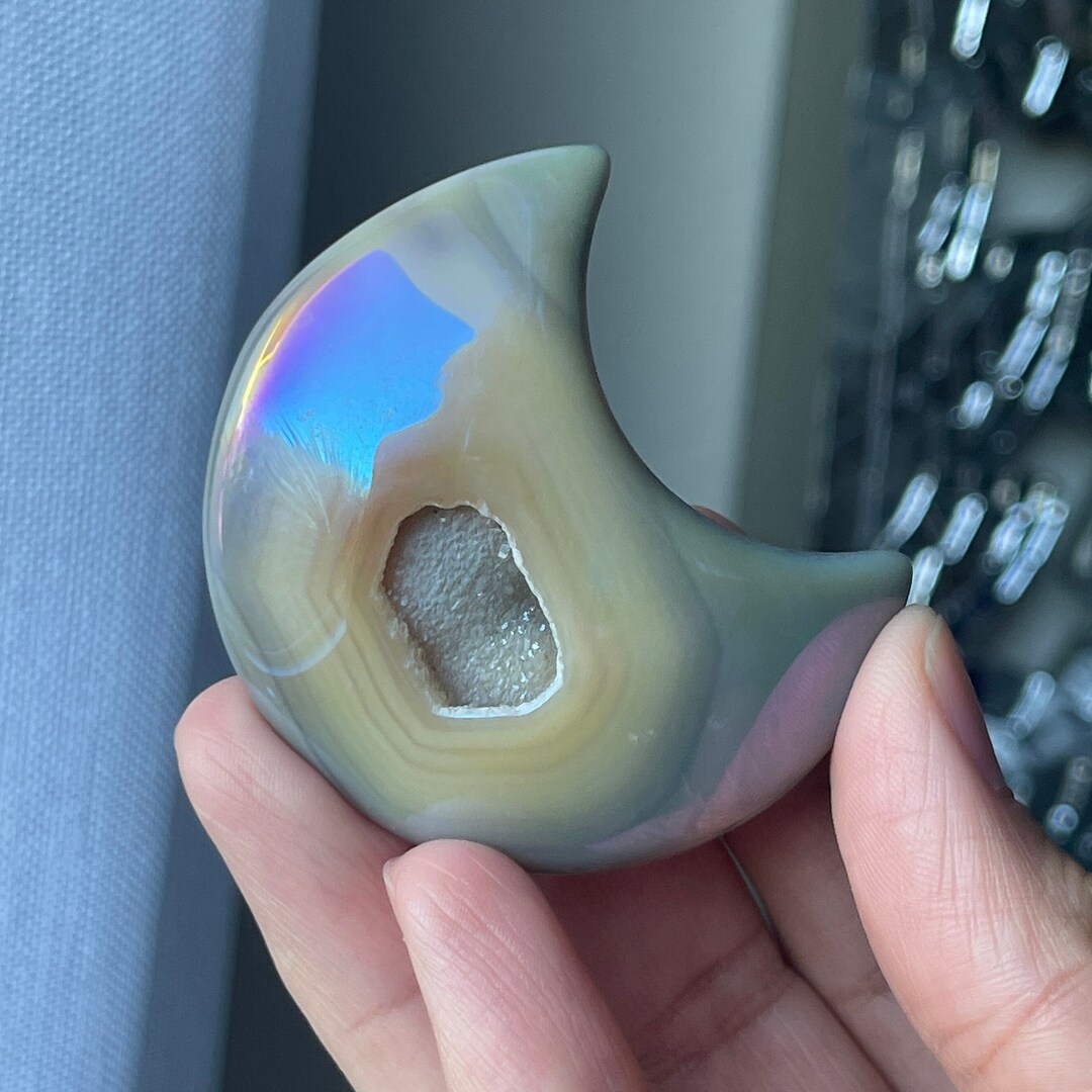 Druzy Aura Agate Cobalt Blue Moon Titanium Moon Art Crescent Moon Decor ...
