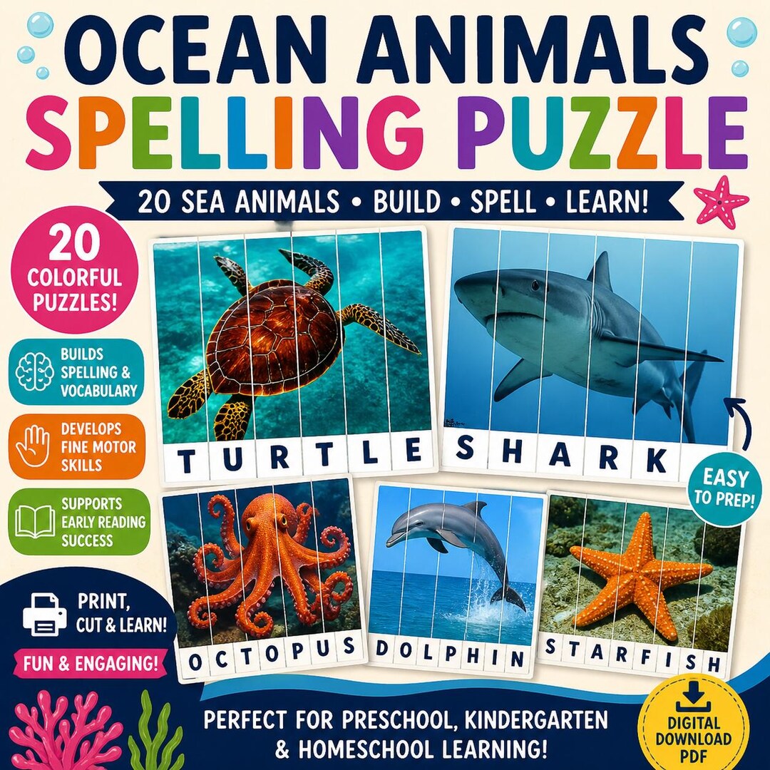 Ocean Animals Spelling Puzzle | Printable Homeschool Montessori Word ...