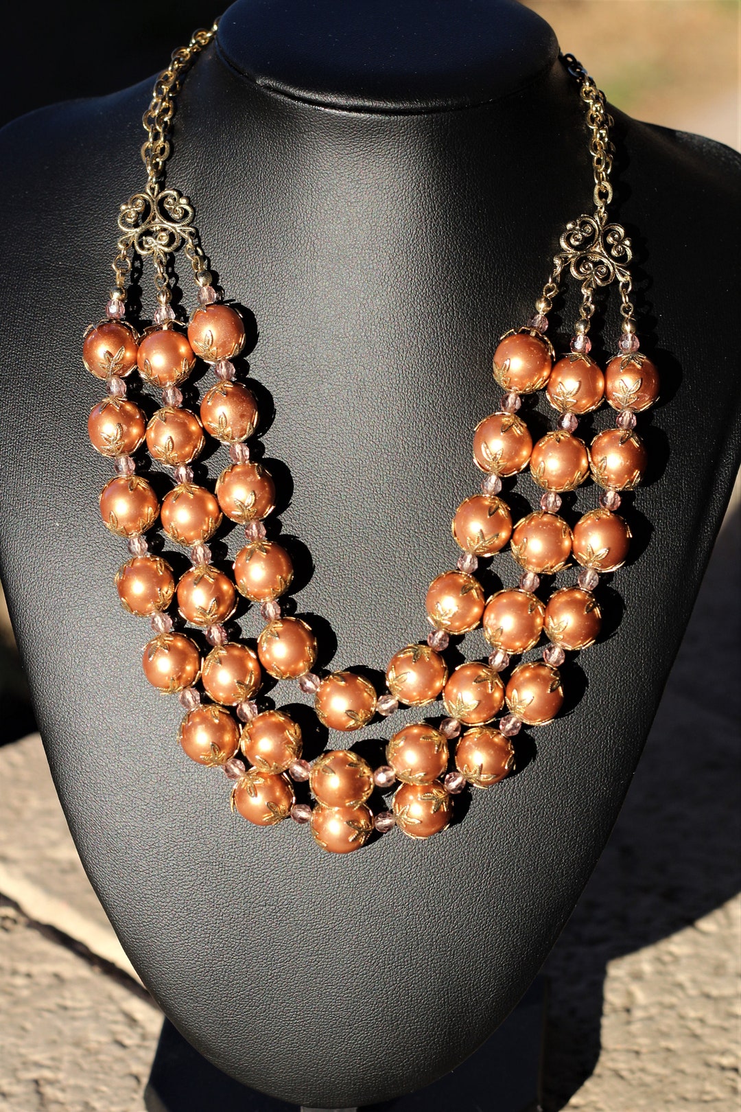Chunky Gold Tone Beaded Three-strand Waterfall Statement Necklace - Etsy