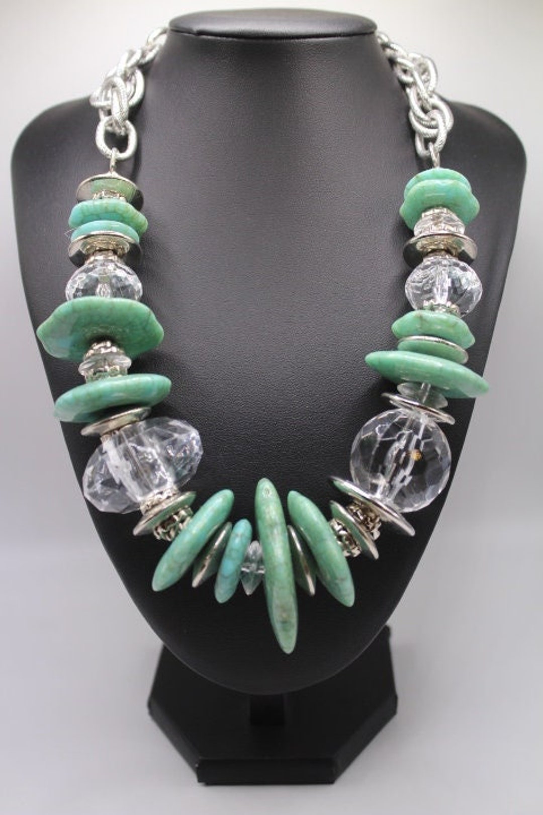 Vintage Chunky Teal and Silver Wafer Bead Necklace - Etsy