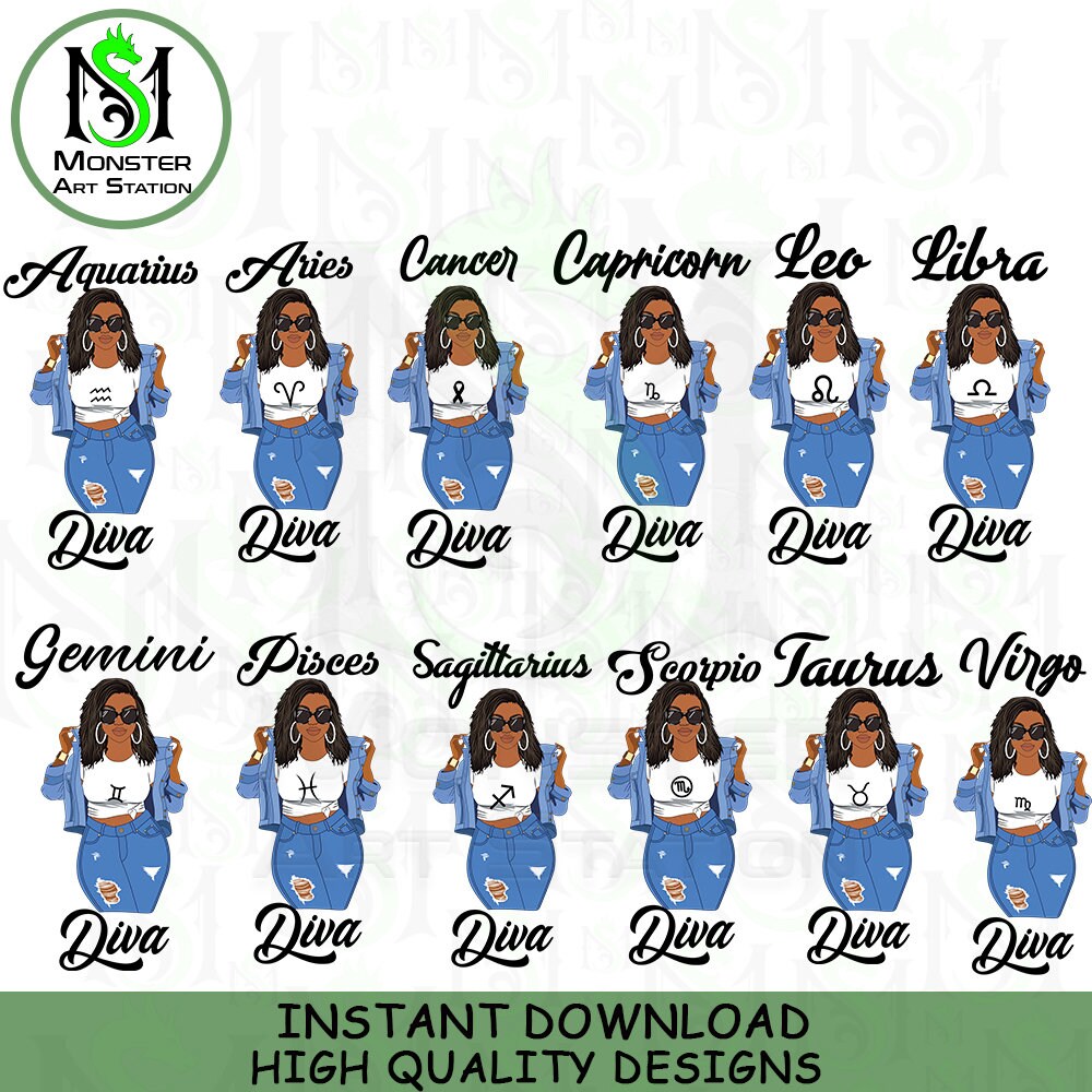 Zodiac Signs Afro Diva SVG Design Bundle, Astrological Signs SVG ...