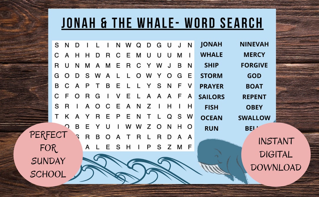 KIDS JONAH and WHALE Word Search - Sunday School - Bible Study - Easter ...