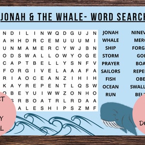 KIDS JONAH and WHALE Word Search - Sunday School - Bible Study - Easter ...