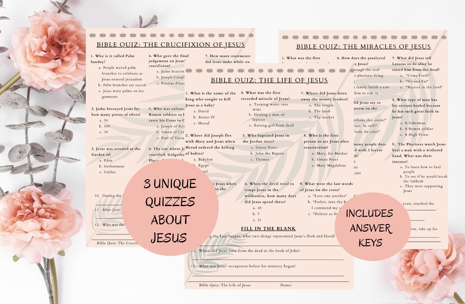 Life of JESUS - 3 QUIZ Package - Bible Study - Easter - Bible Class ...