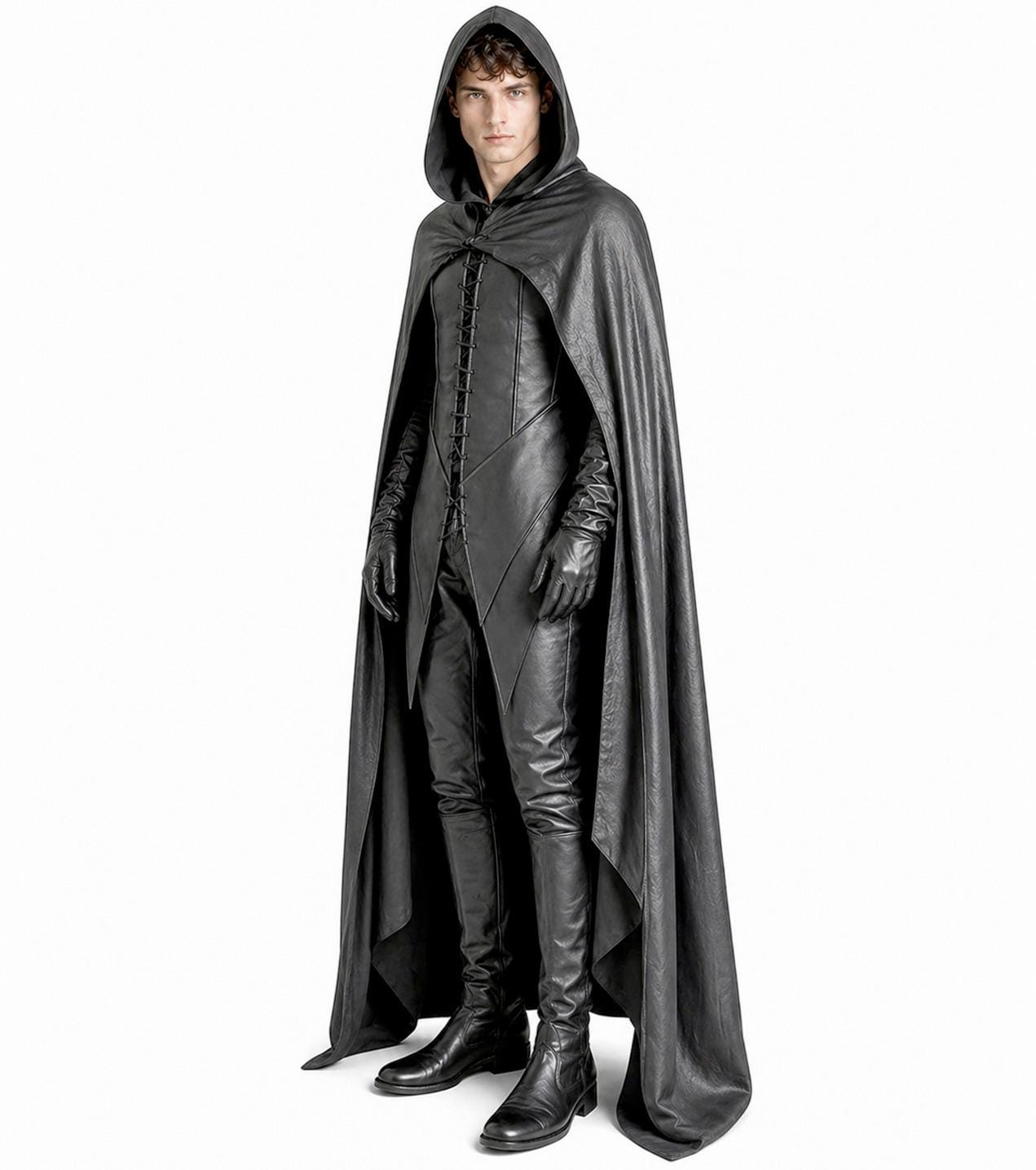 Men’s Hooded Leather Cloak With Gothic Vest, Medieval Cape Coat Costume ...