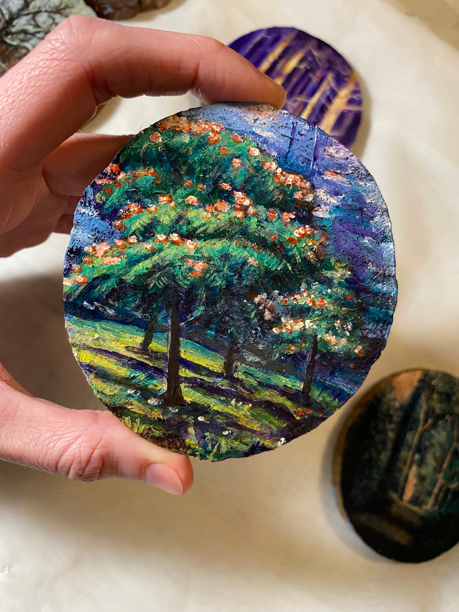 Wood Slice Art Original Acrylic Painting Forest Painting Rustic Décor ...