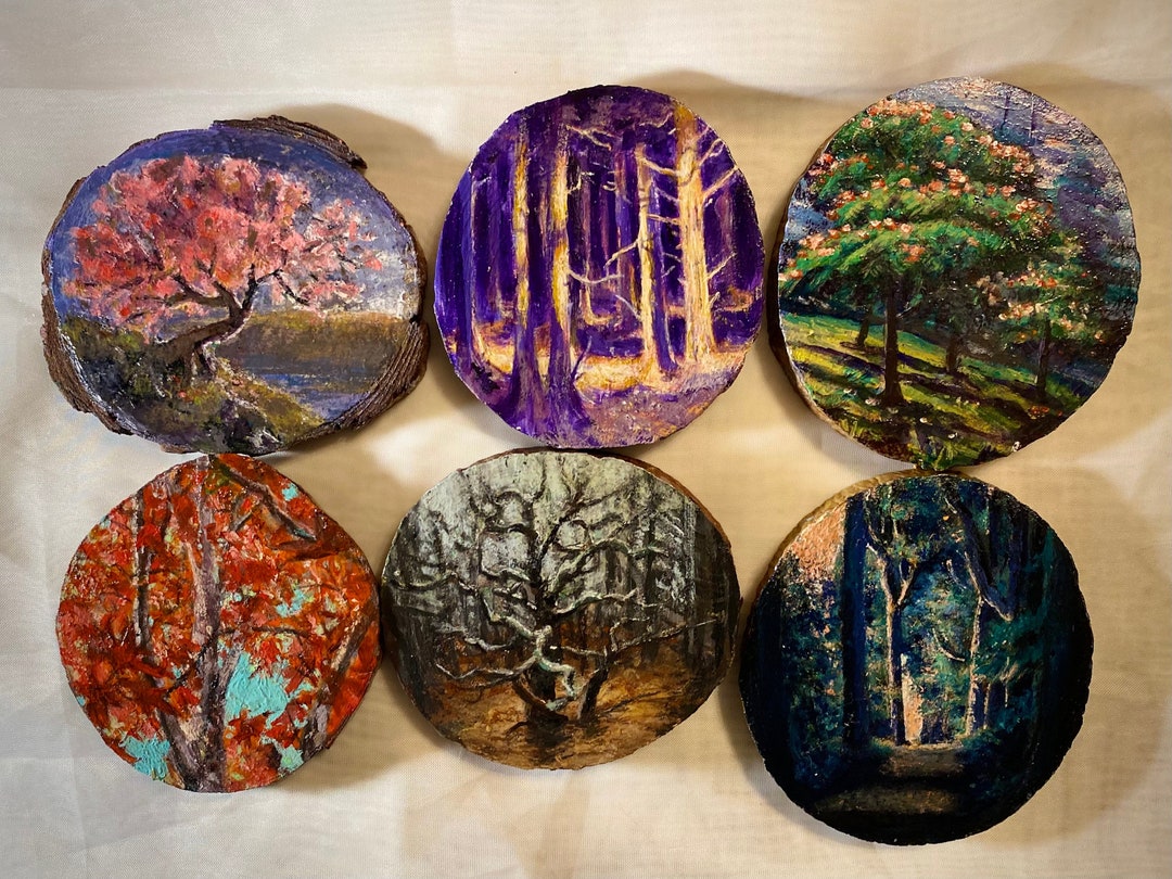 Wood Slice Art- Original Acrylic Painting- Forest Painting- Rustic ...