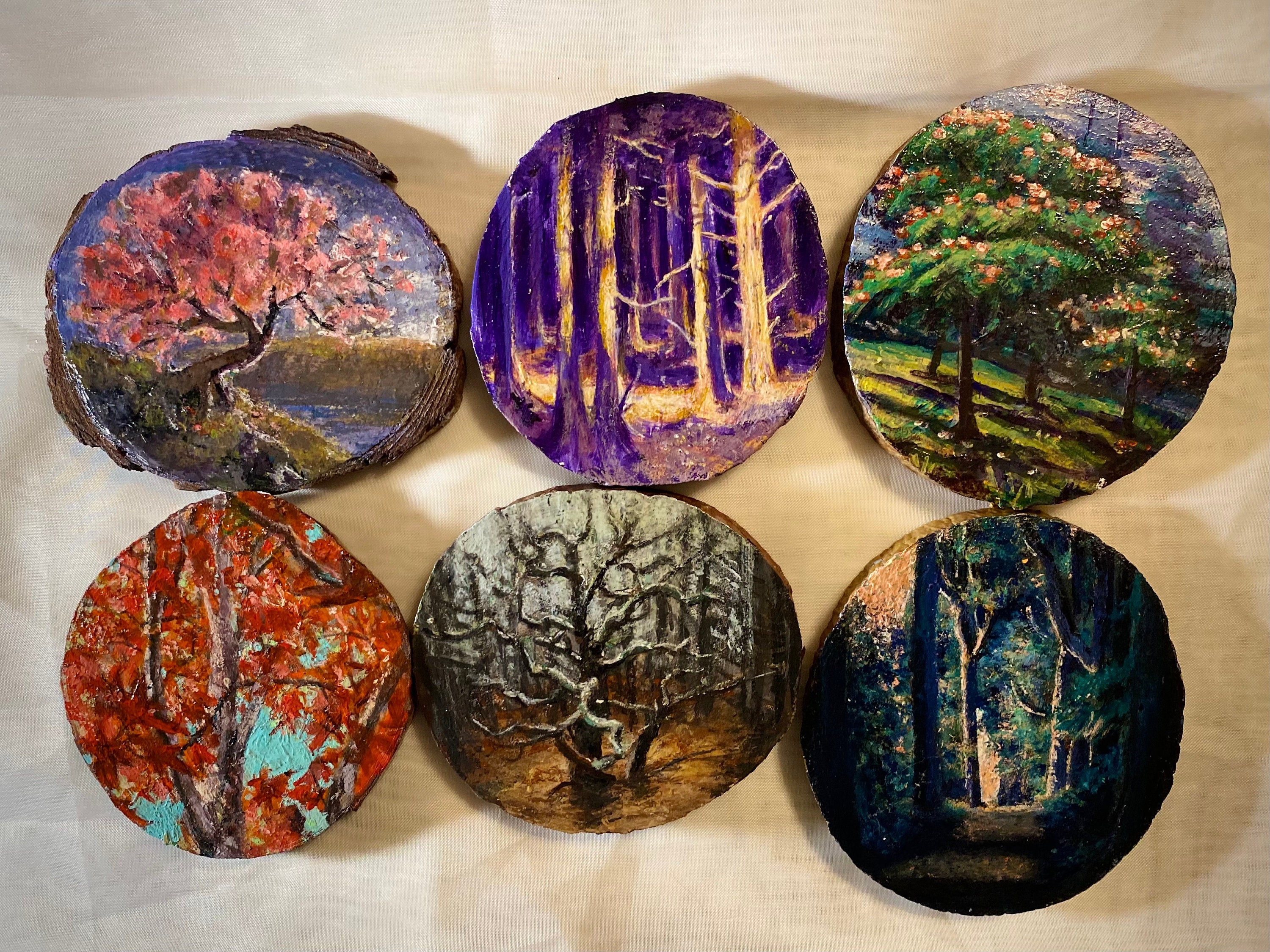 Wood Slice Art Original Acrylic Painting Forest Painting Rustic Décor ...