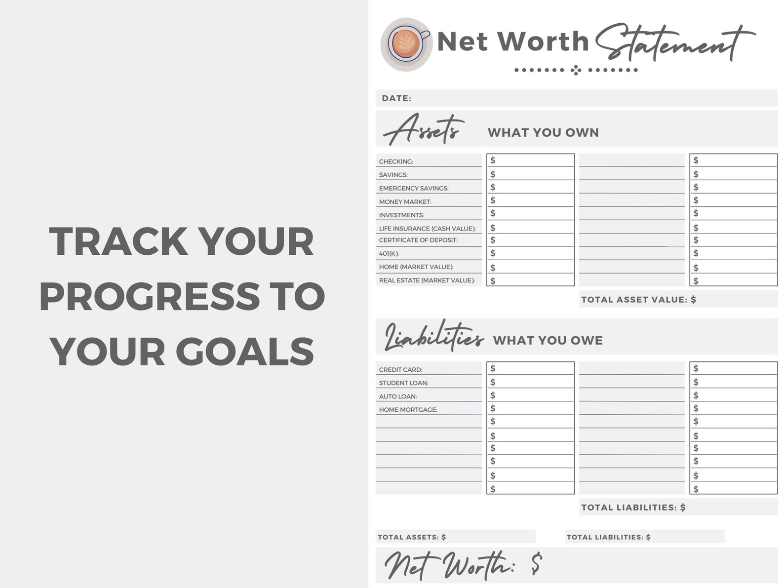 PRINTABLE Net Worth Statement // Digital Download // Budget Worksheet ...