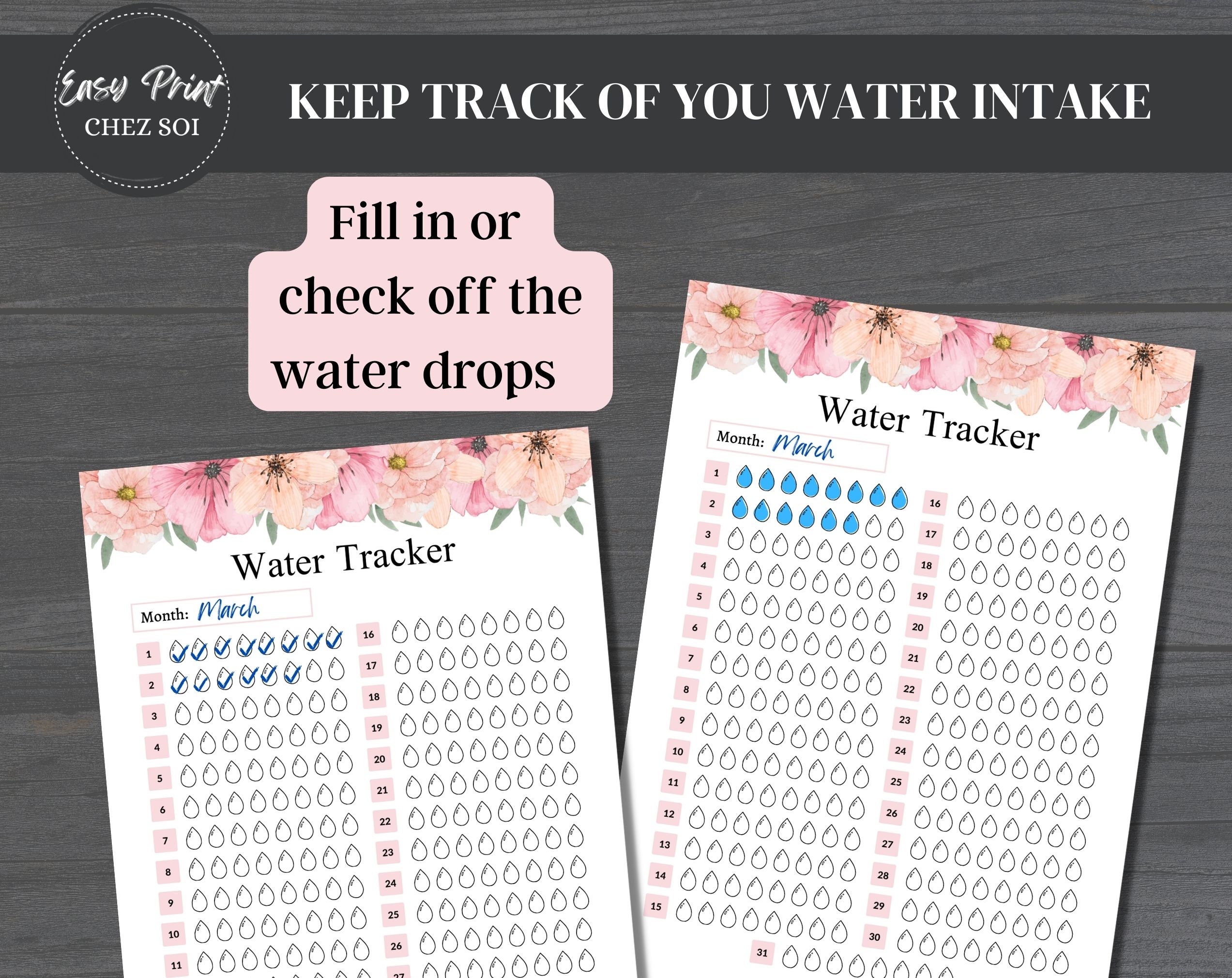 Printable Water Tracker, Daily Water Intake Log, Monthly Water Tracker ...