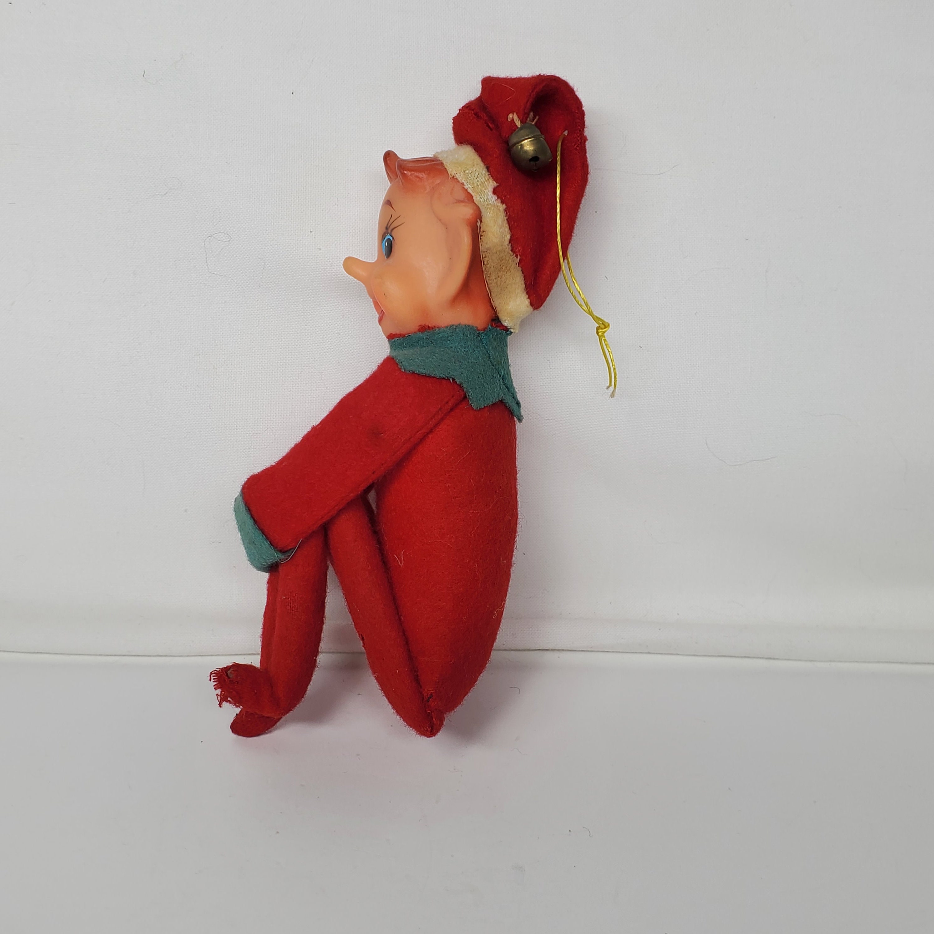 Vintage Pixie Elf Knee Hugger Red Green MCM Bell Christmas Rubber Face ...