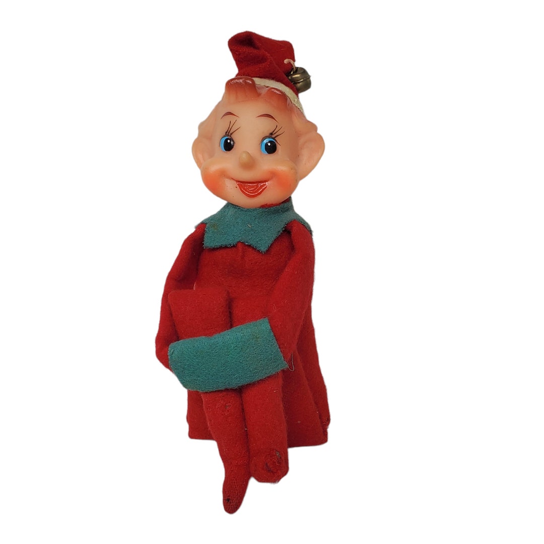 Vintage Pixie Elf Knee Hugger Red Green MCM Bell Christmas Rubber Face ...
