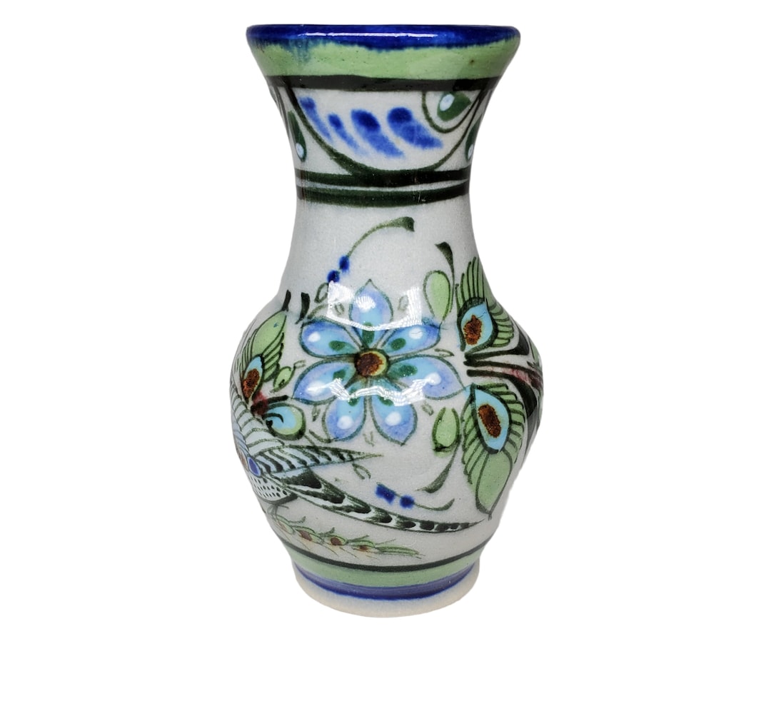Ken Edwards Collection Mini Vase Bird Floral Blue Teal Trim Mexico ...