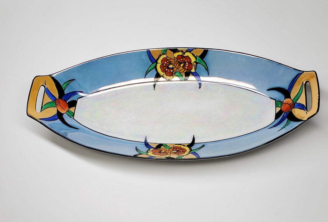 Vintage Japan Noritake Lusterware Handled Serving Dish Flowers Blue ...