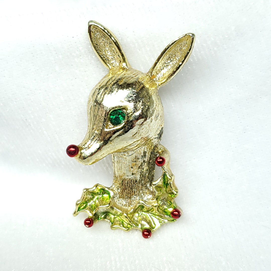 Vintage Gerry's Christmas Rudolph Red Nose Deer Rhinestones Brooch Pin ...