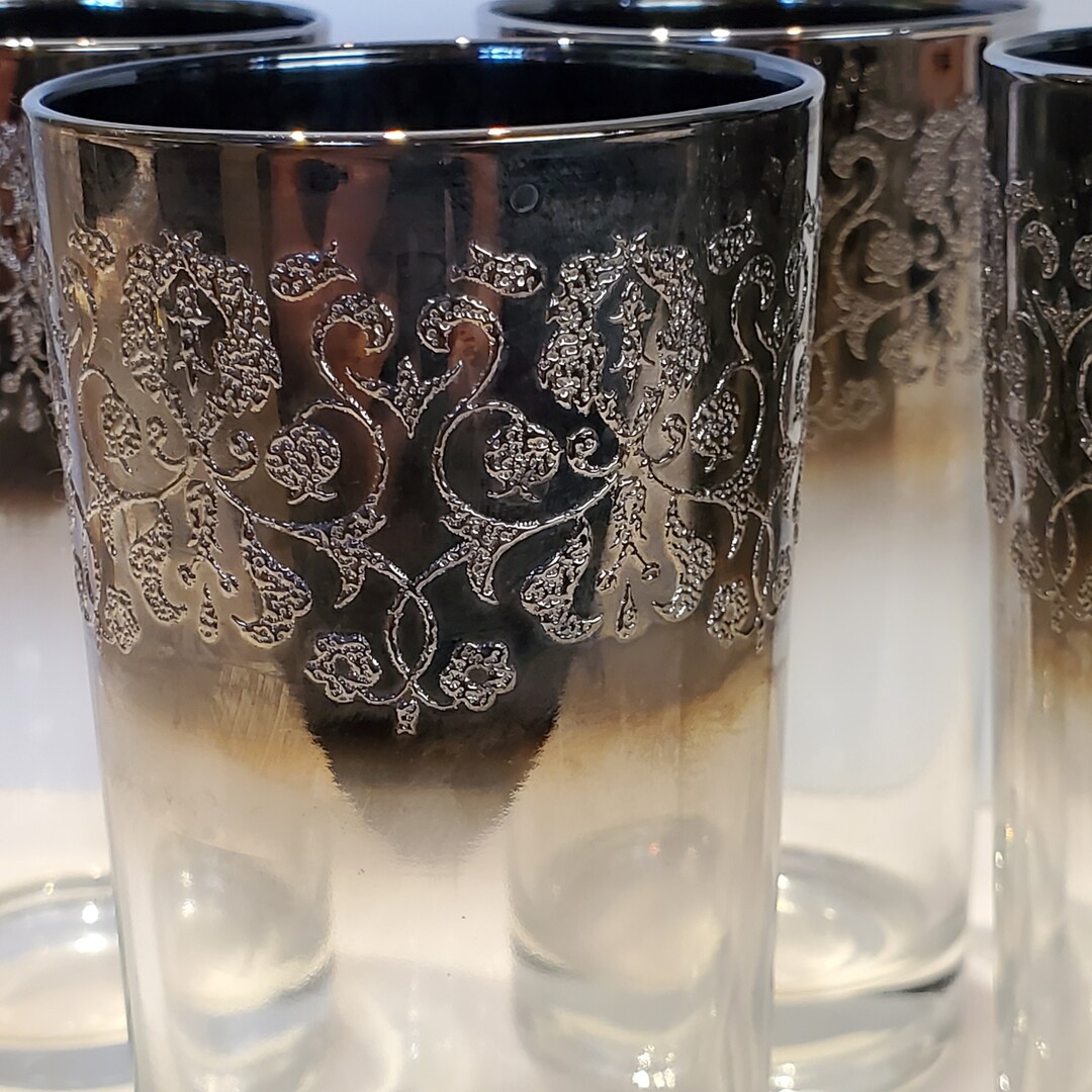 VTG MCM Silver Fade Glasses With Silver Metal Filigree Overlay Highball ...
