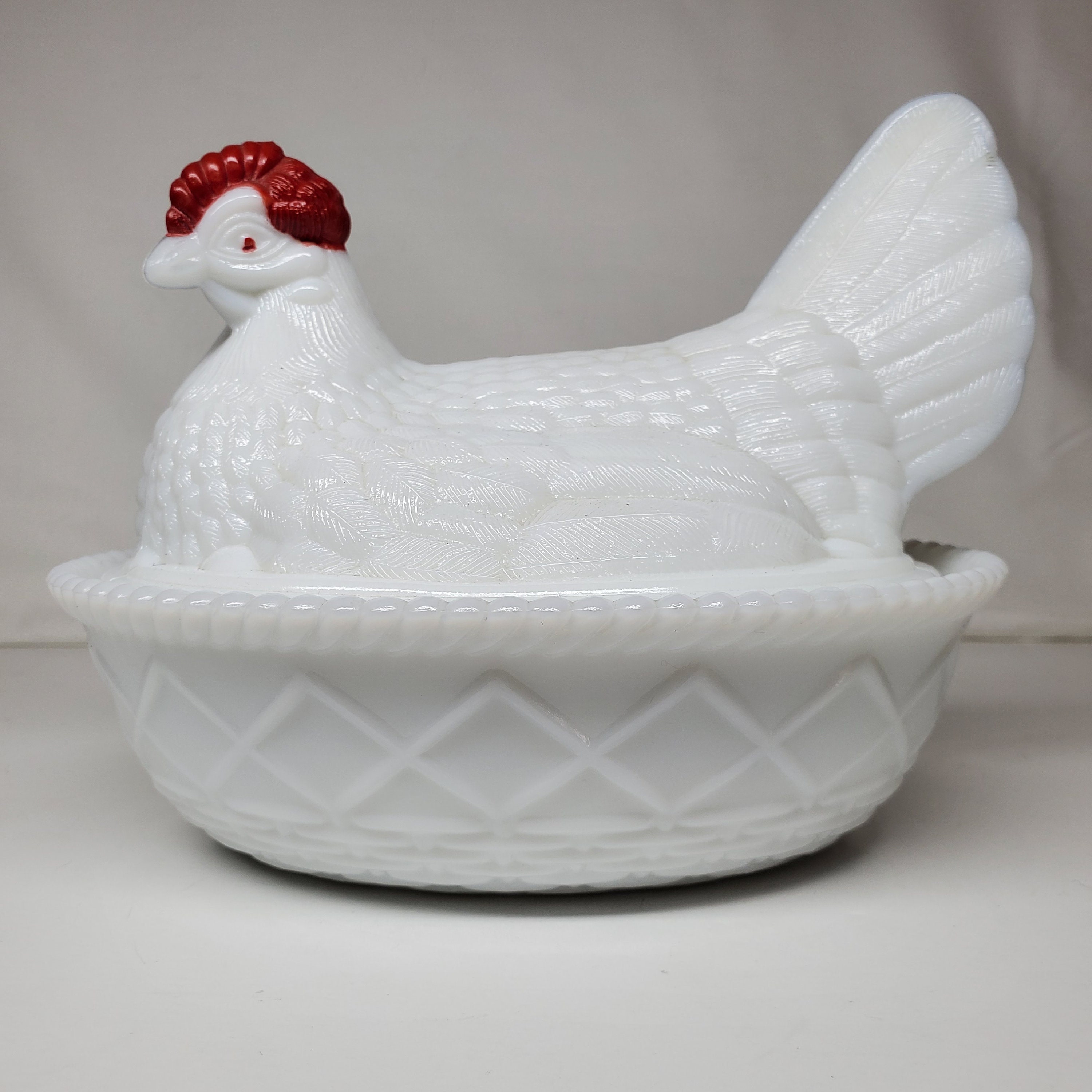 Vintage Westmoreland Milk Glass Chicken Laying Nest Covered Dish Red ...