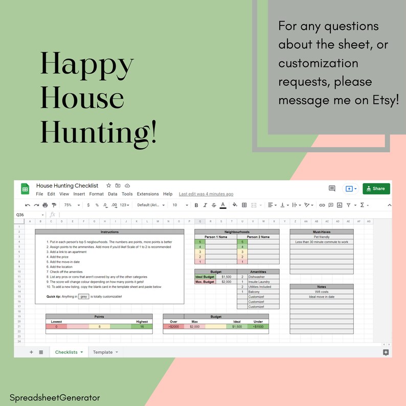 House Hunting Checklist Spreadsheet | Etsy
