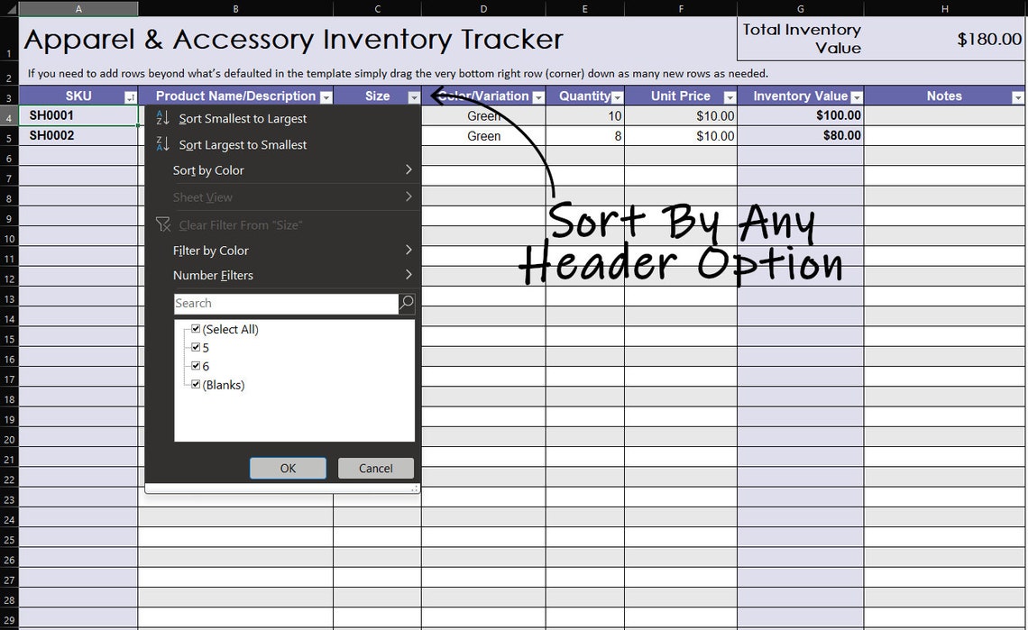 Apparel Inventory Tracker Excel Spreadsheet (digital Download) - Etsy