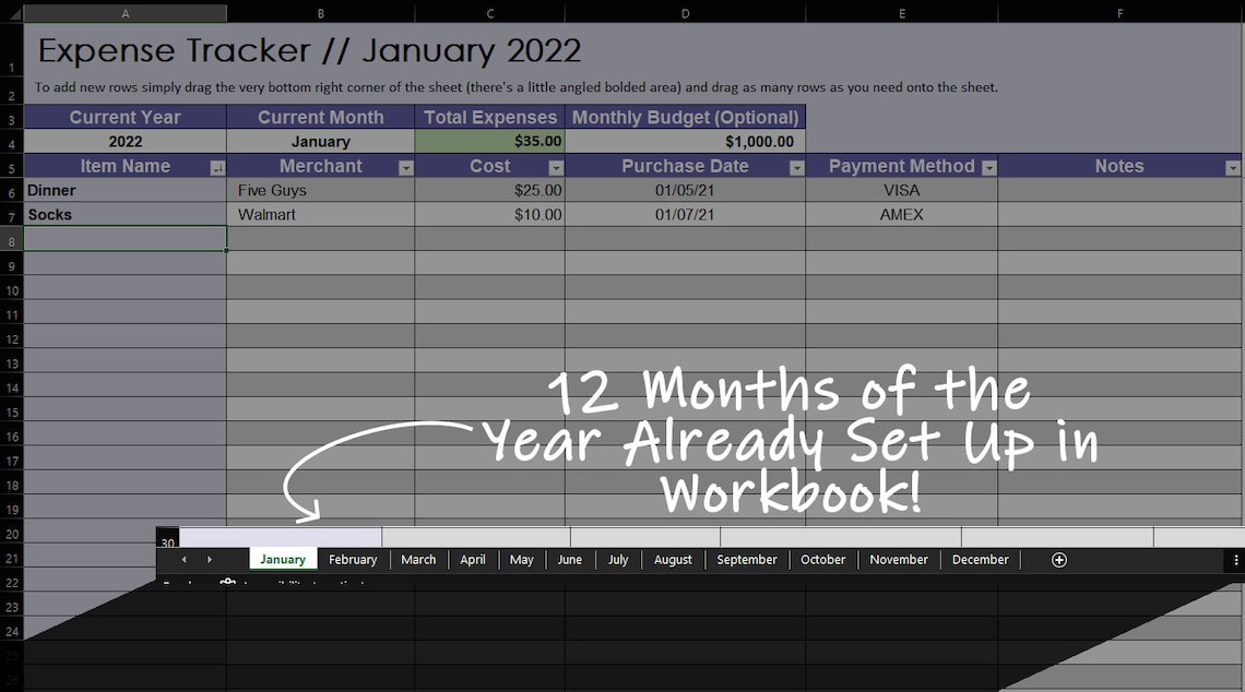 Expense Tracker Excel Template With Categories (digital Download) - Etsy