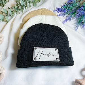 Personalized Baby Hat With Name, Custom Infant Beanie, Leather Patch ...