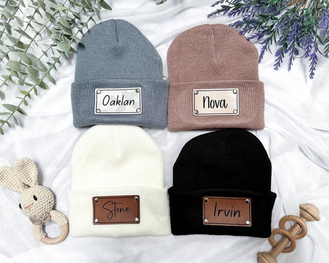 Personalized Baby Hat With Name, Custom Infant Beanie, Leather Patch ...
