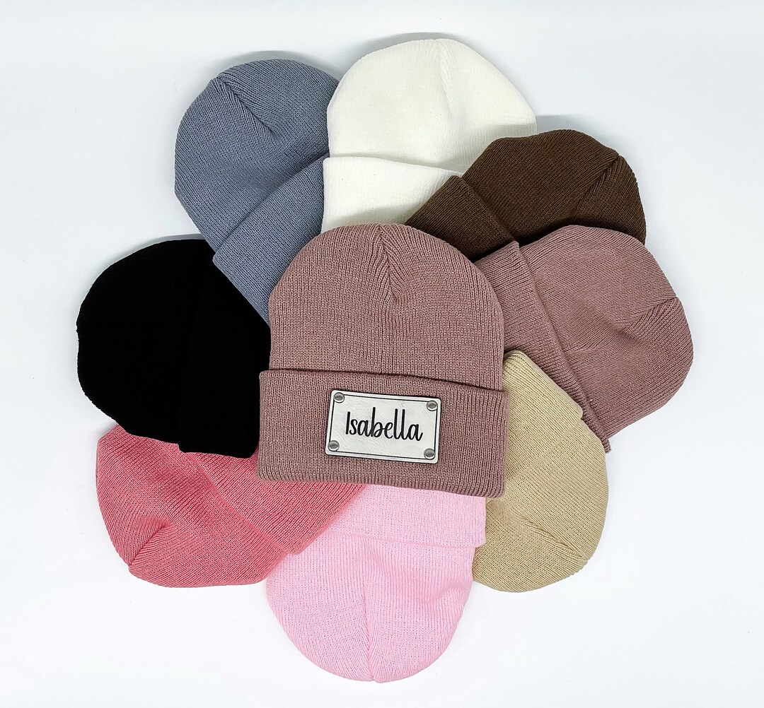 Custom Newborn Beanie With Name, Leather Patch Beanies for Baby ...