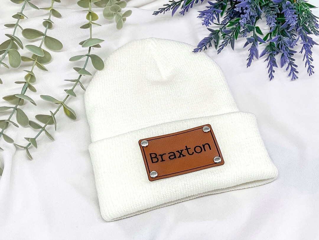 Leather Name Patch Beanies for Baby, Custom Newborn Baby Beanie With ...