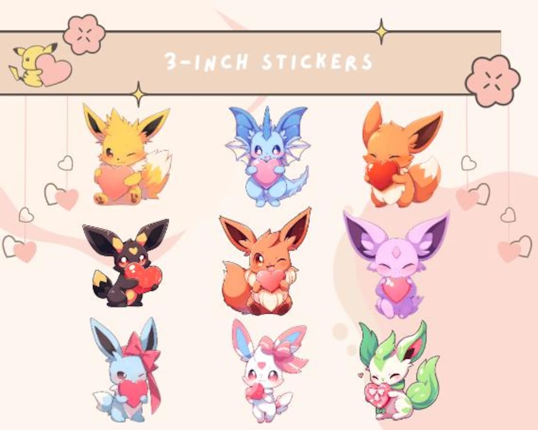 Pokemon Inspired Handmade Love Sticker Eevee and Eeveelution Decal Great Valentines Day Gift ...
