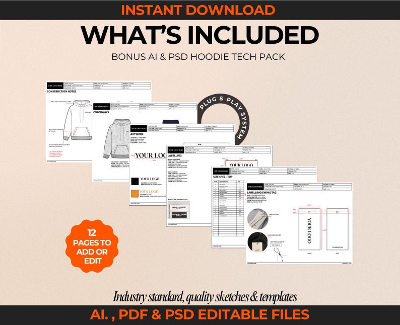 Fashion Tech Pack Template Kit Adobe Illustrator DIY Tech Pack Ai. PDF ...