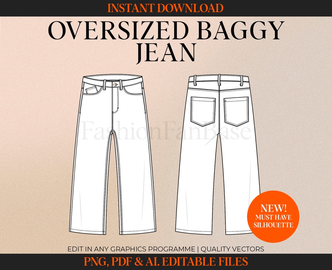 Oversized Baggy Jeans Vector Unisex Jeans Drawing Fashion Flat ...