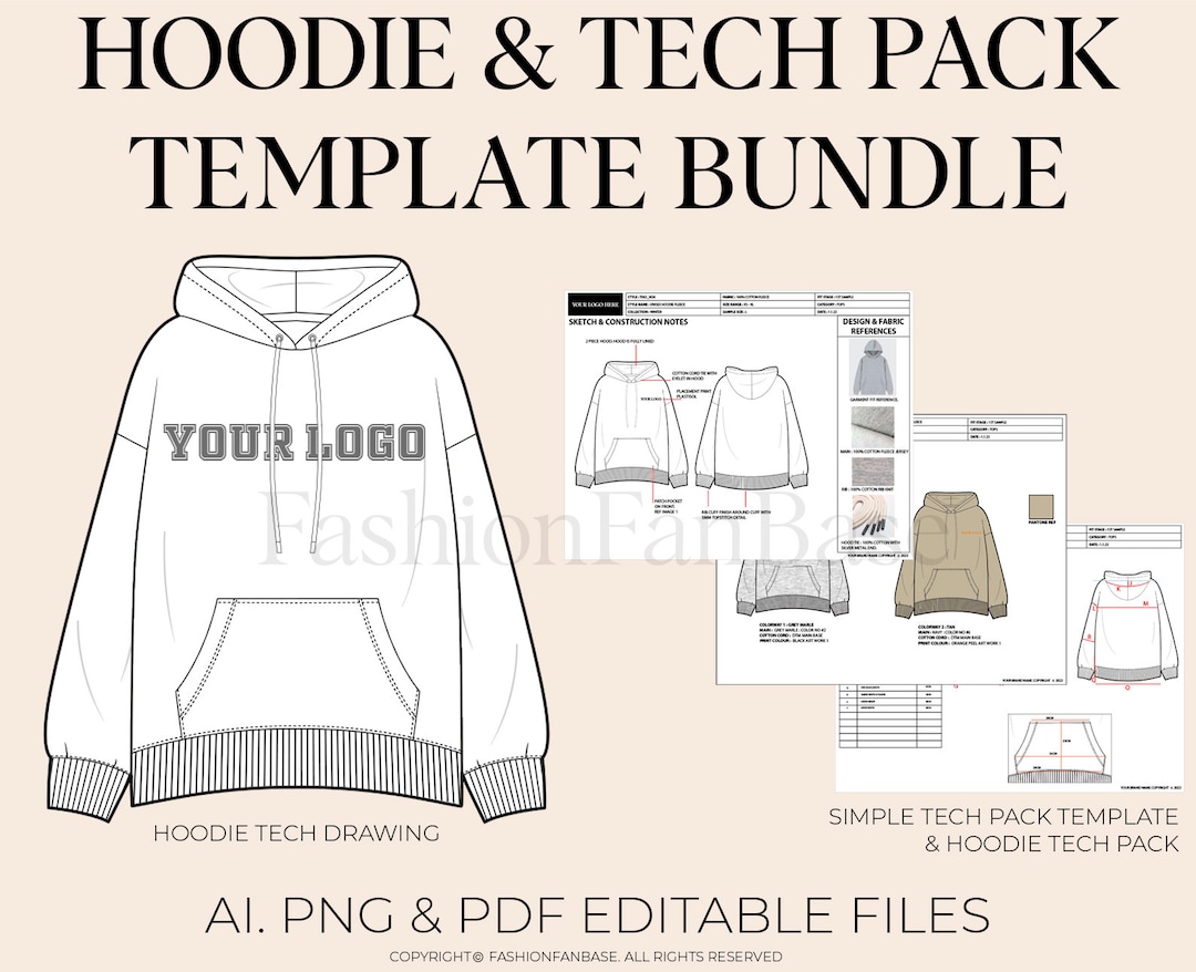 Hoodie Tech Pack Template Kit Unisex Hoodie Flat Brand Mock up Fashion ...