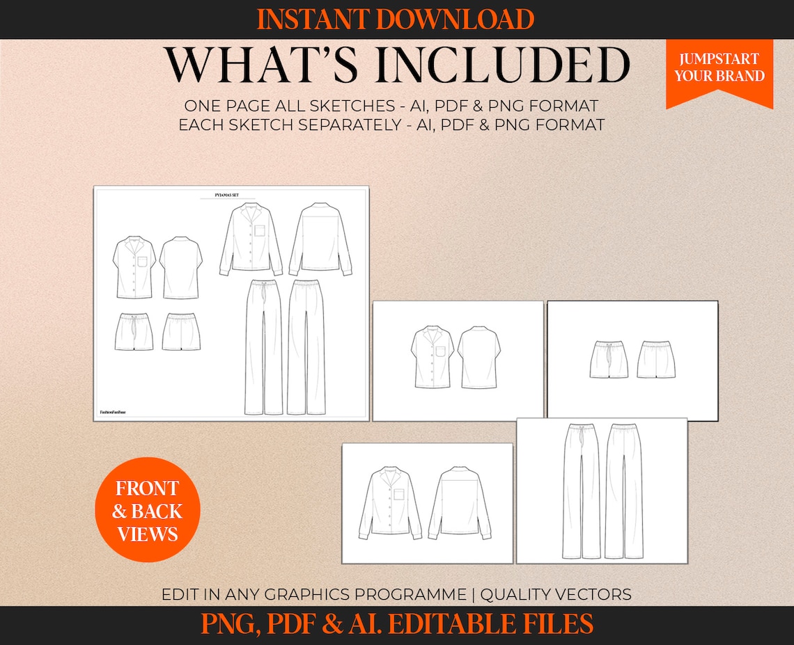 Pyjama Sketch Loungewear Vector Mockup Fashion Tech Pack Template ...