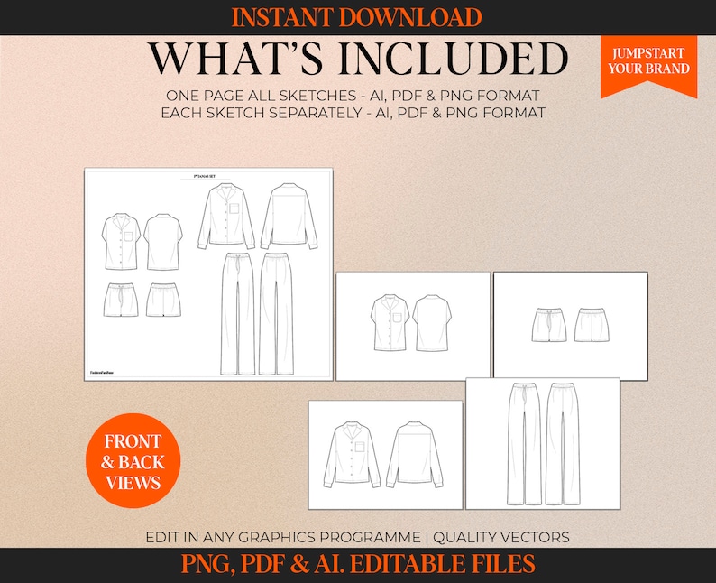 Pyjama Sketch Loungewear Vector Mockup Fashion Tech Pack Template ...