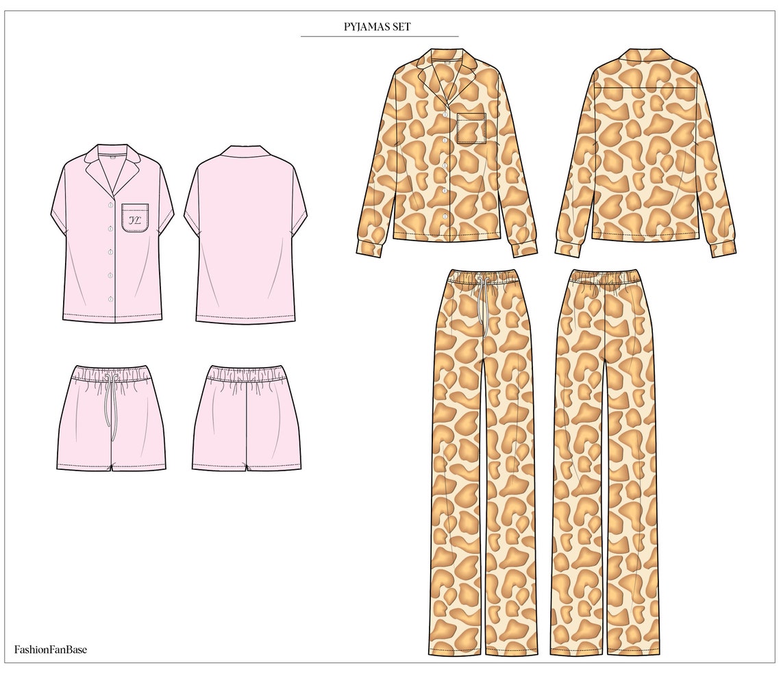 Pyjama Sketch Loungewear Vector Mockup Fashion Tech Pack Template ...
