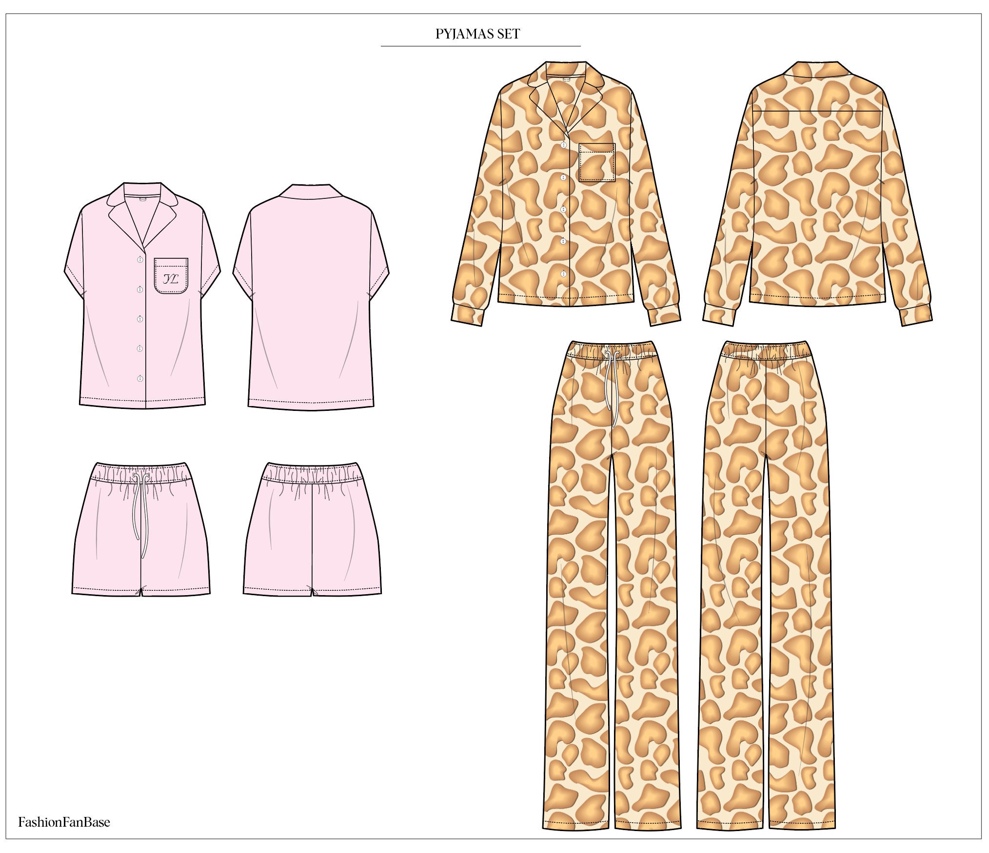 Pyjama Sketch Loungewear Vector Mockup Fashion Tech Pack Template ...