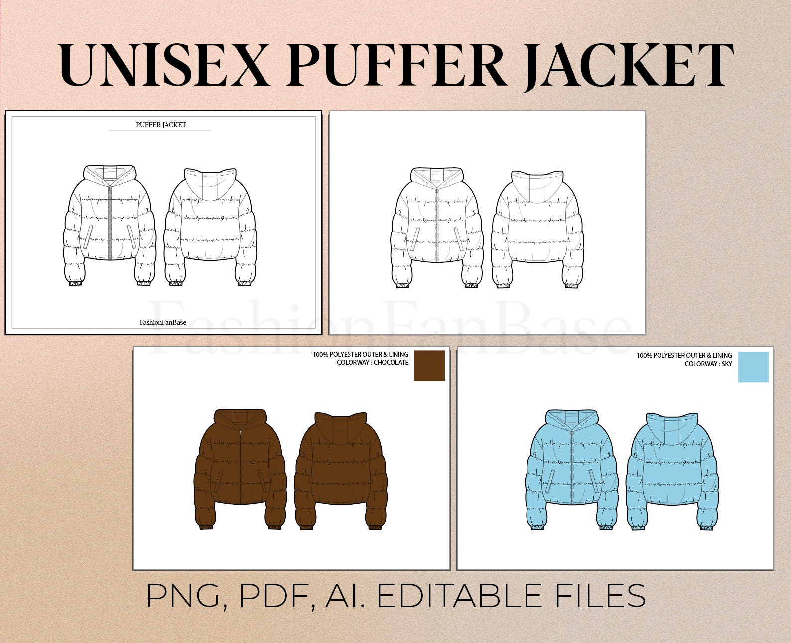 Unisex Puffer Jacket Drawing Streetwear Fashion Flat Clothing Template ...