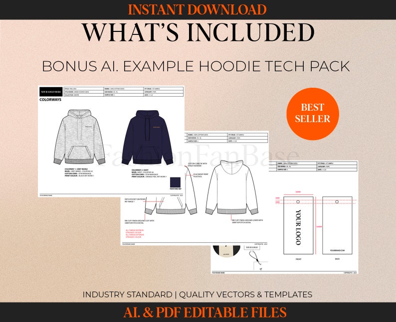 Fashion Tech Pack Template Kit Adobe Illustrator DIY Tech Pack Ai. PDF ...