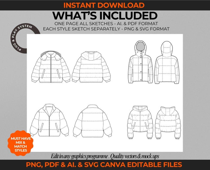 Unisex Puffer Jacket Drawing Streetwear Fashion Flat Clothing Template ...