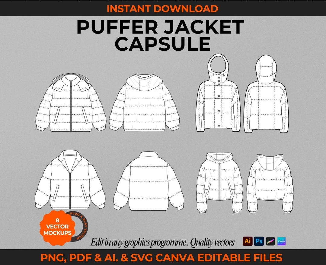 Unisex Puffer Jacket Drawing Streetwear Fashion Flat Clothing Template ...