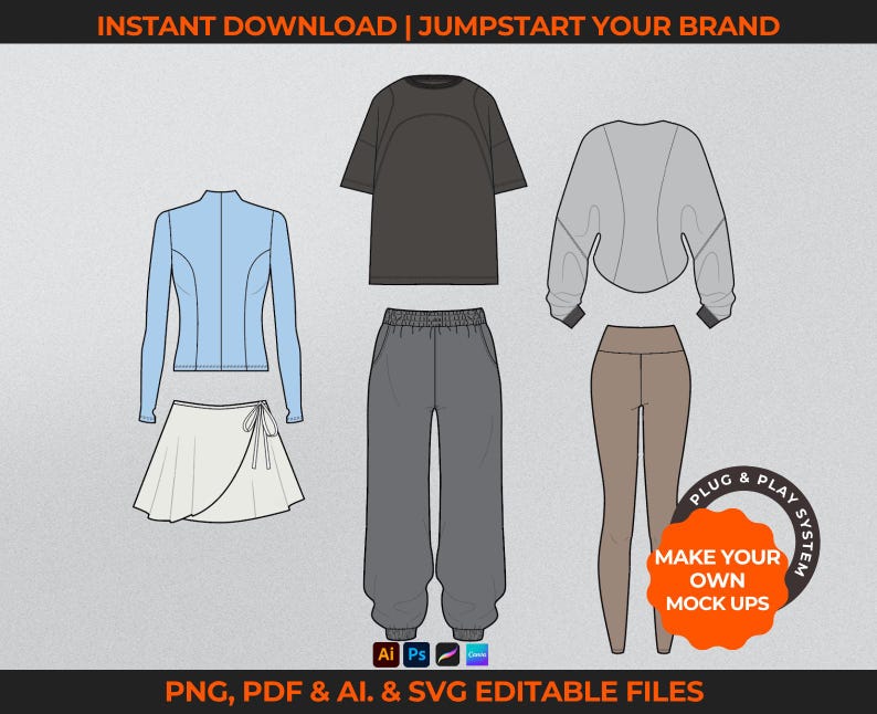 1300+ Activewear Fashion Vectors Tech Pack Template Streetwear Mockup ...