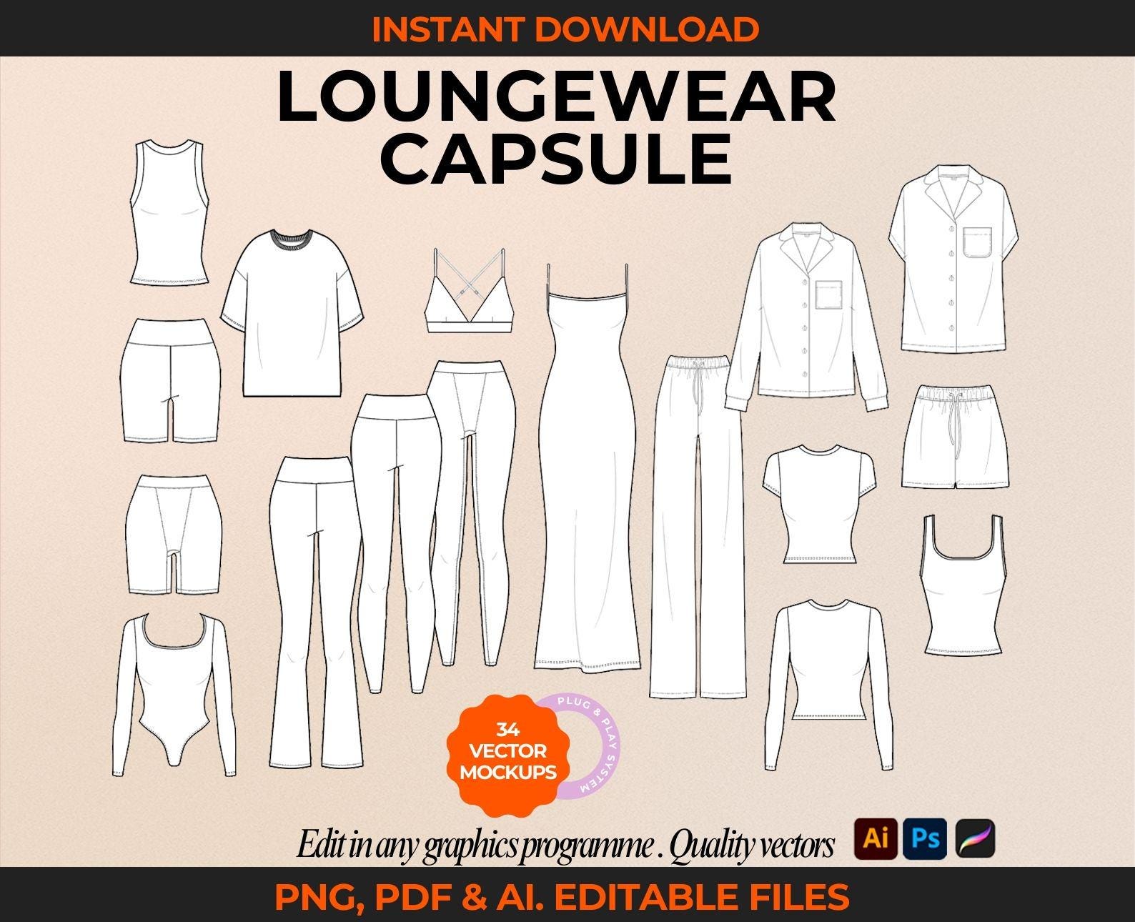 Loungewear Tech Drawing Shapewear Tech Pack Template Fashion Flat ...