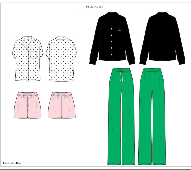 Pyjama Sketch Loungewear Vector Mockup Fashion Tech Pack Template ...