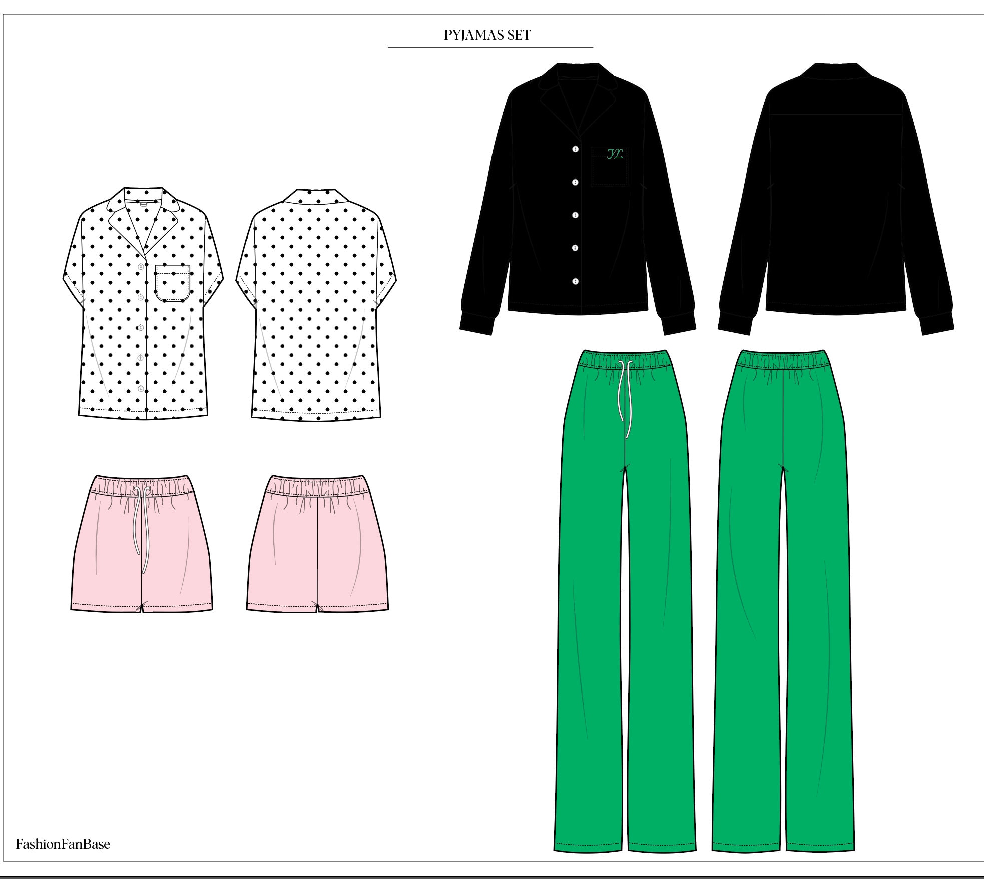 Pyjama Sketch Loungewear Vector Mockup Fashion Tech Pack Template ...