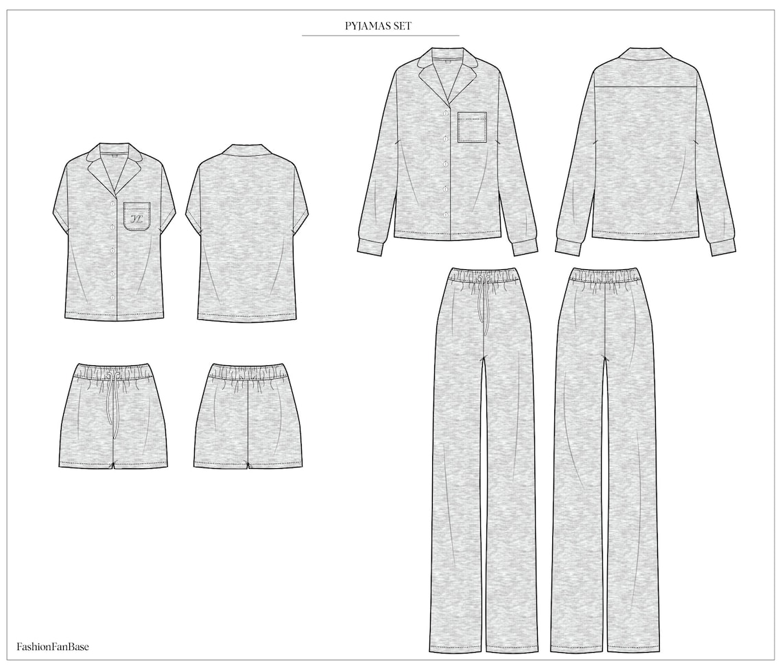 Pyjama Sketch Loungewear Vector Mockup Fashion Tech Pack Template ...
