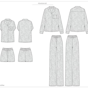 Pyjama Sketch Loungewear Vector Mockup Fashion Tech Pack Template ...
