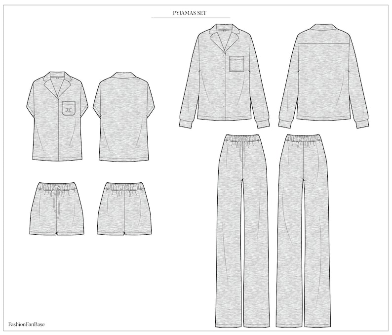 Pyjama Sketch Loungewear Vector Mockup Fashion Tech Pack Template ...