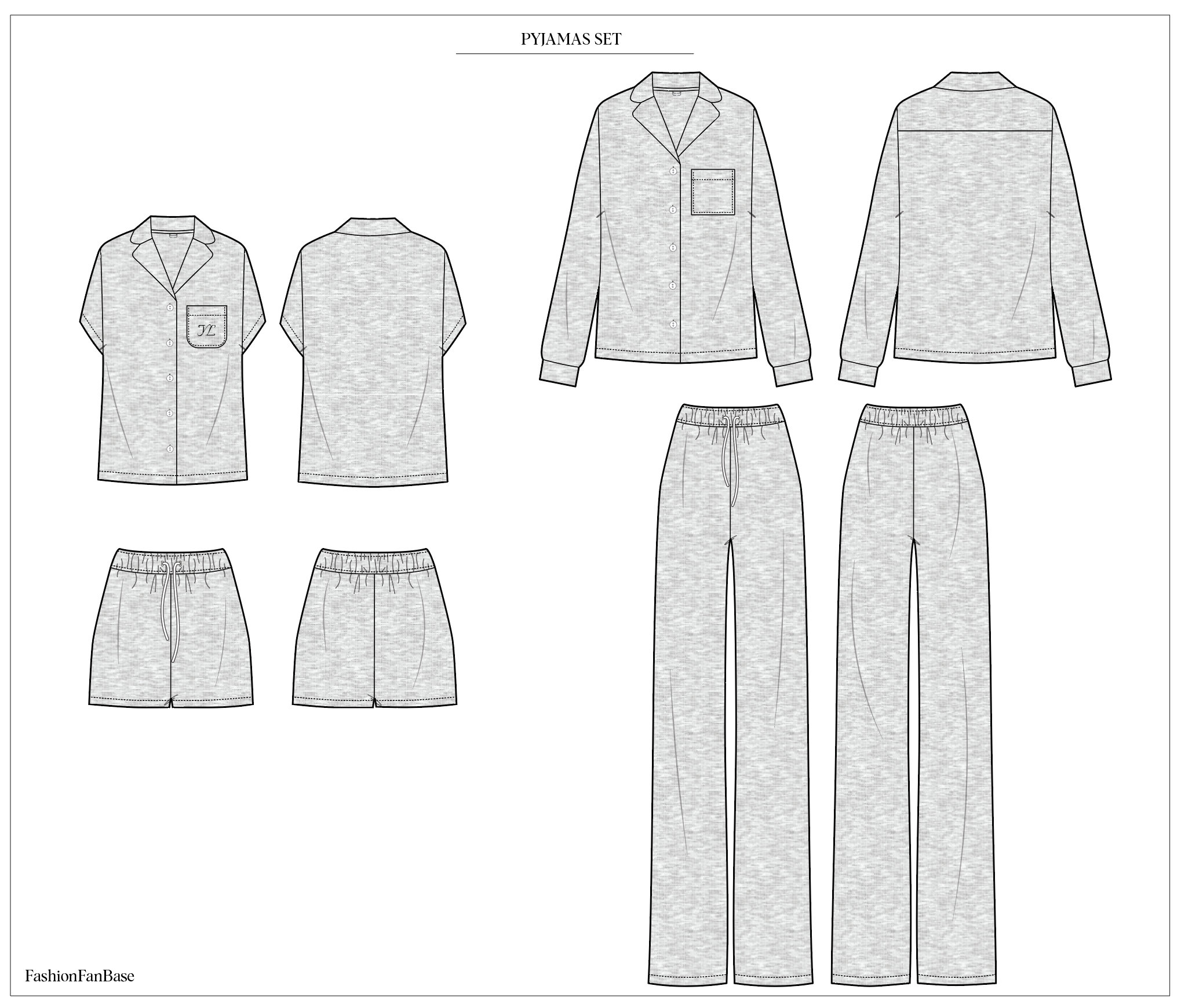 Pyjama Sketch Loungewear Vector Mockup Fashion Tech Pack Template ...