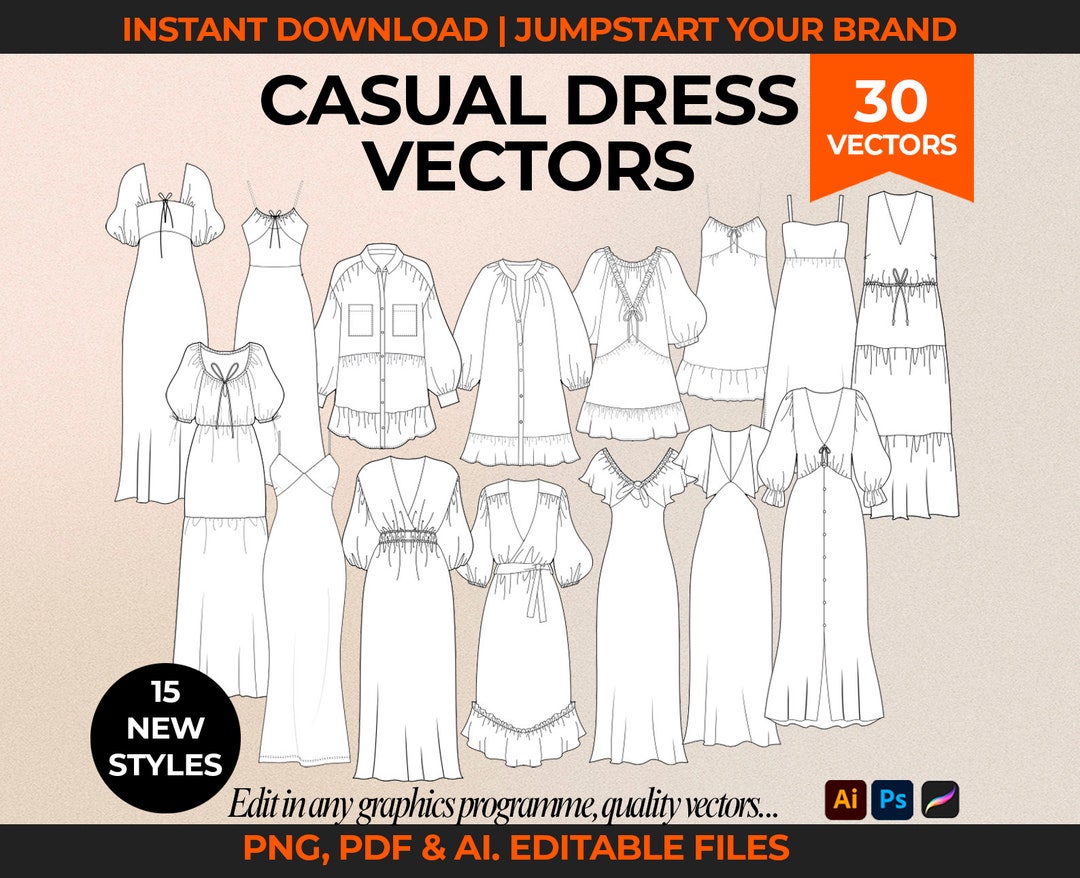 Womenswear Vector Dress Sketch Women's Casual Dress Tech Pack Template ...