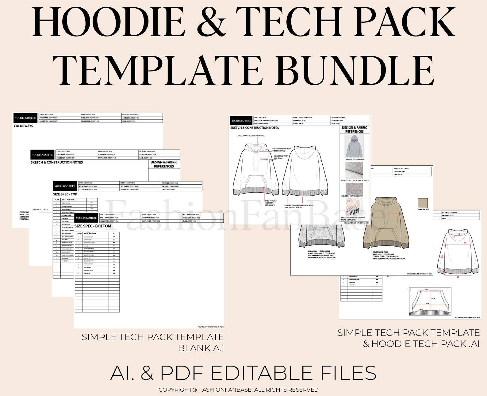 Hoodie Tech Pack Template Kit Unisex Hoodie Flat Brand Mock up Fashion ...